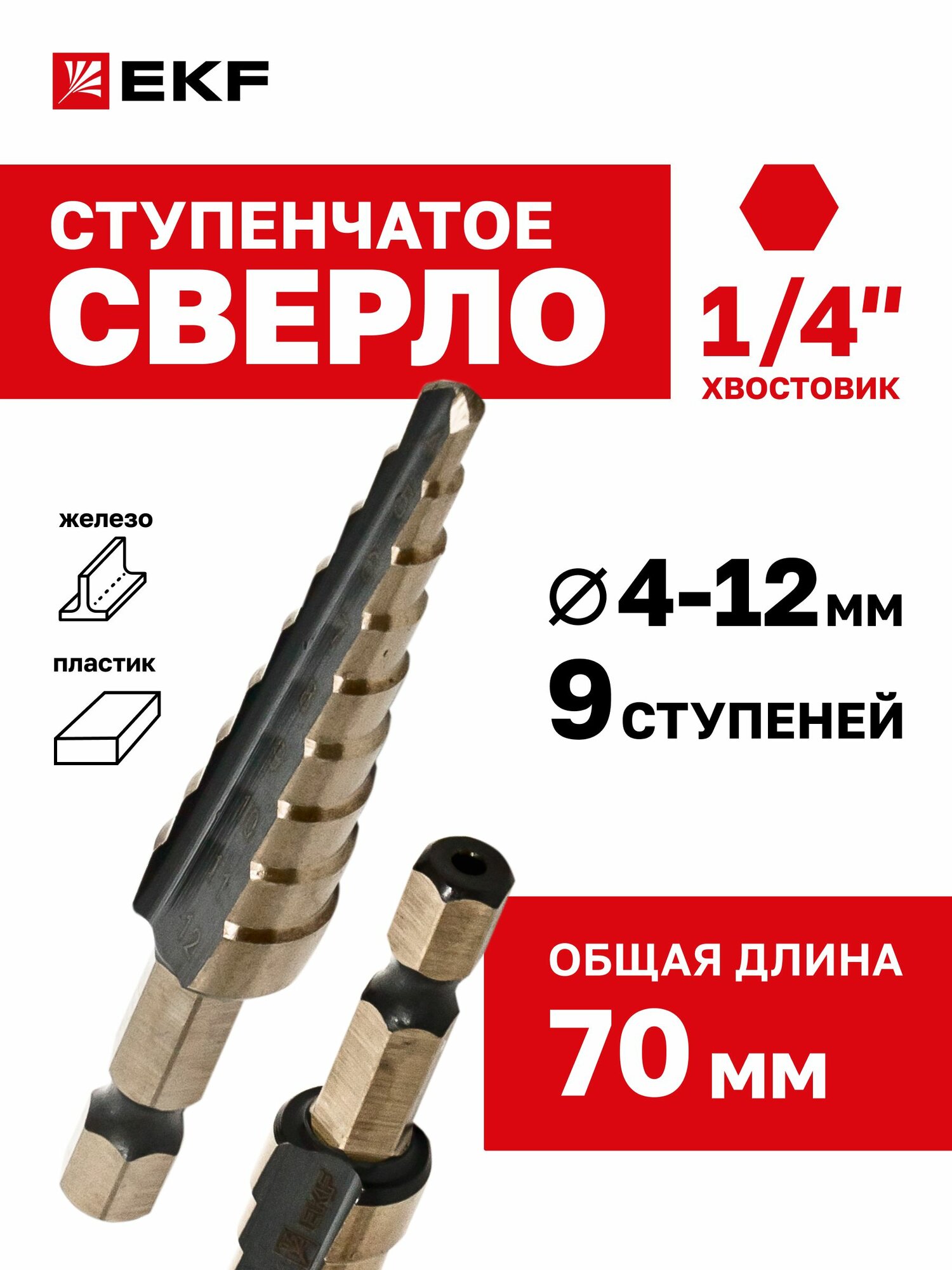 Сверло ступенчатое EKF по металлу ST-4-12/1 HSS, (9 ступеней)