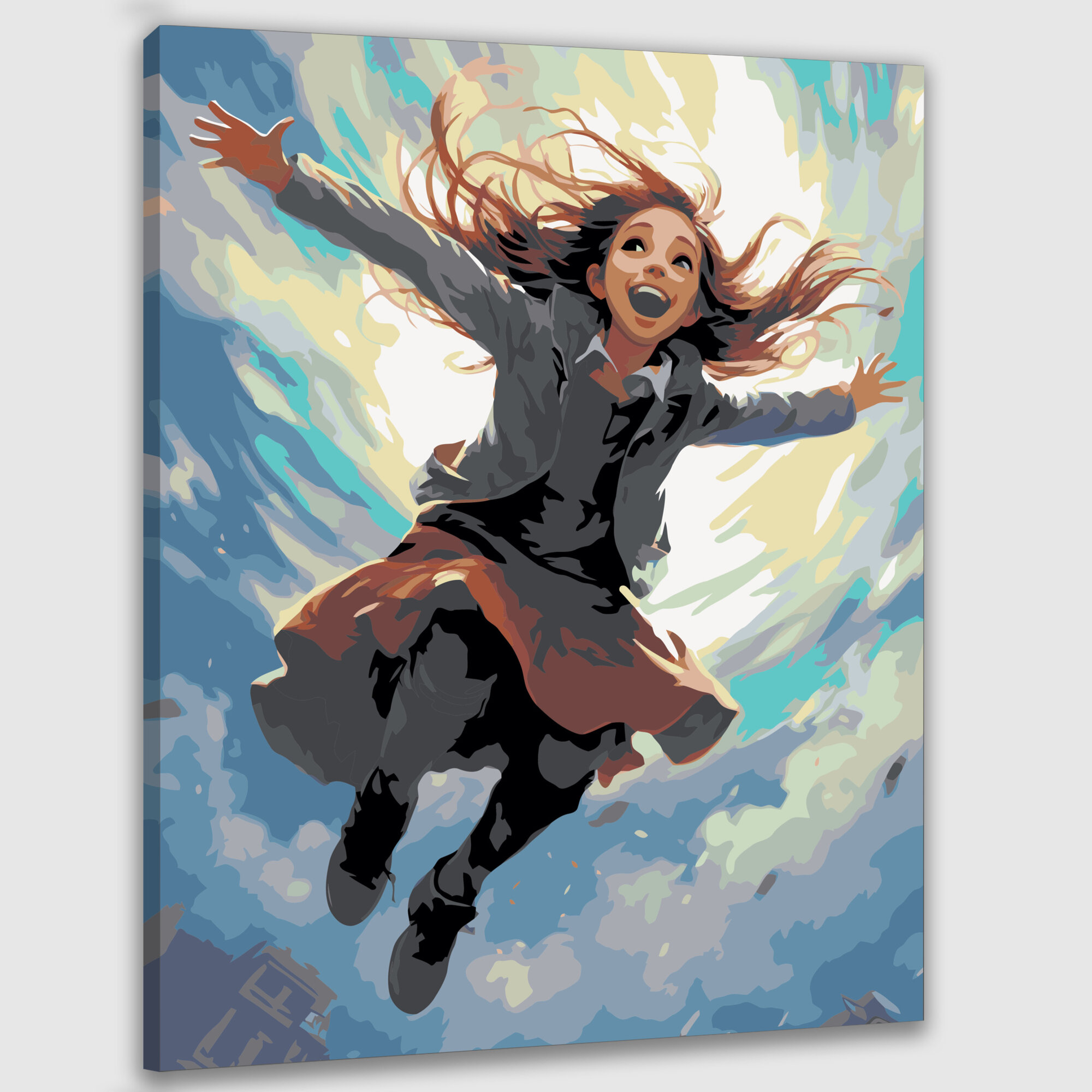 Картина по номерам 40x50 см, фотография, девушка, прыжок, руки, улыбка, радость, возбуждение, лицо, волосы, воздух