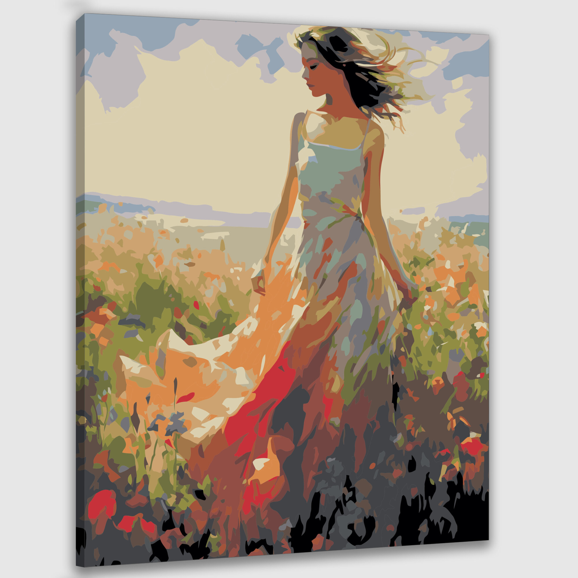 Картина по номерам 40x50 см, картина маслом, девушка в платье, струящееся платье, цветочек, поле полевых цветов