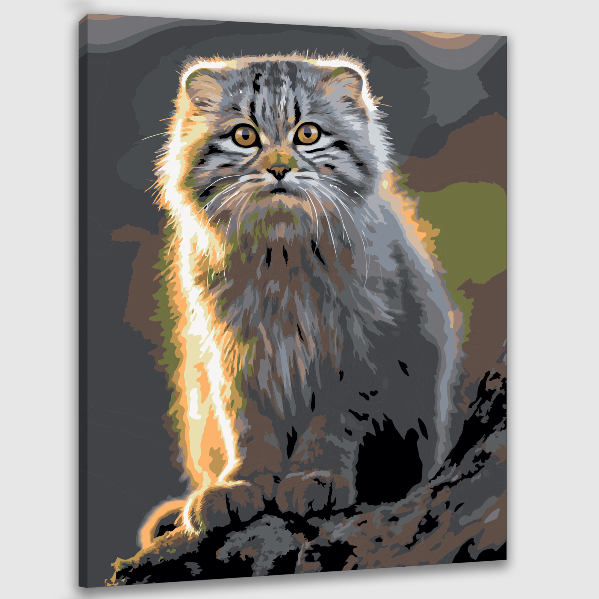 Картина по номерам 40x50 см, манул, естественная среда, телеобъектив, изысканные детали, скалистый выступ, круглое лицо