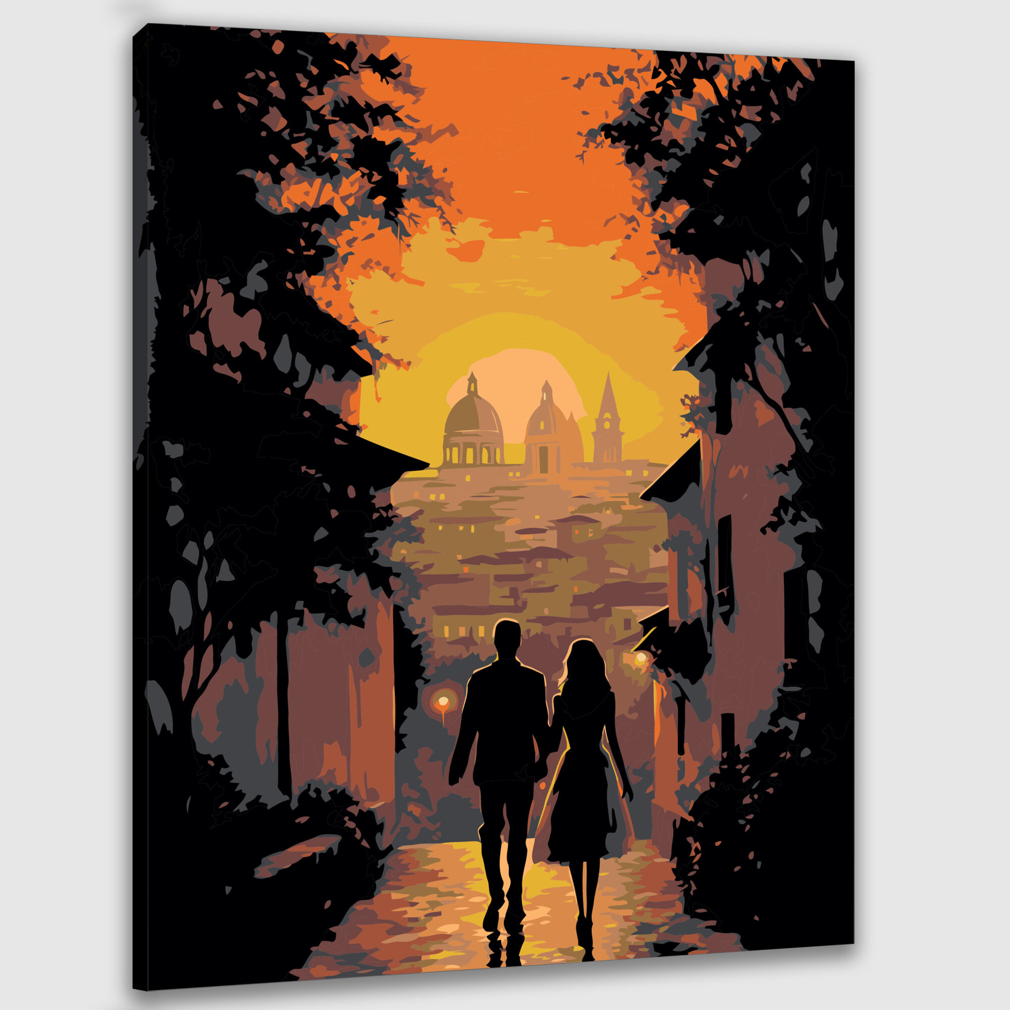 Картина по номерам 40x50 см, картина маслом, роман, итальянский, пара, рука об руку, улочки Флоренции, силуэты, закат