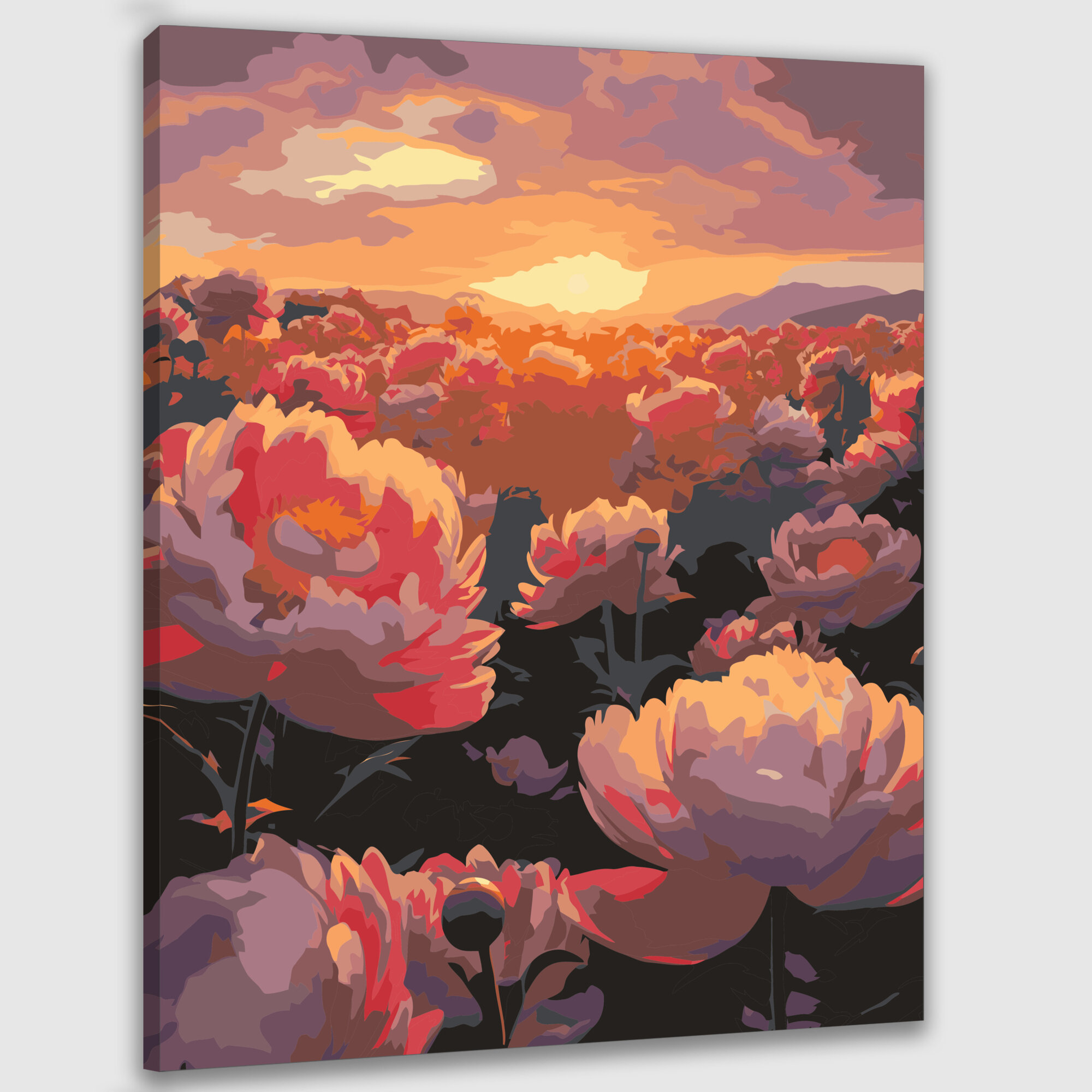 Картина по номерам 40x50 см, поля, цветущие пионы, восход солнца, лучи солнца, золотистое сияние, цветы