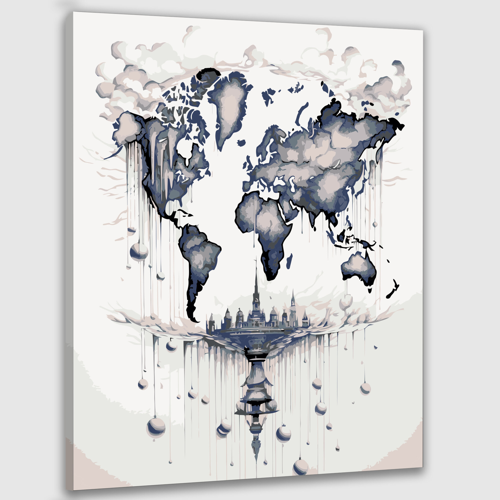 Картина по номерам 40x50 см, карта мира, тушь, линии, детали, континенты, страны, водоемы, путешествия, открытия