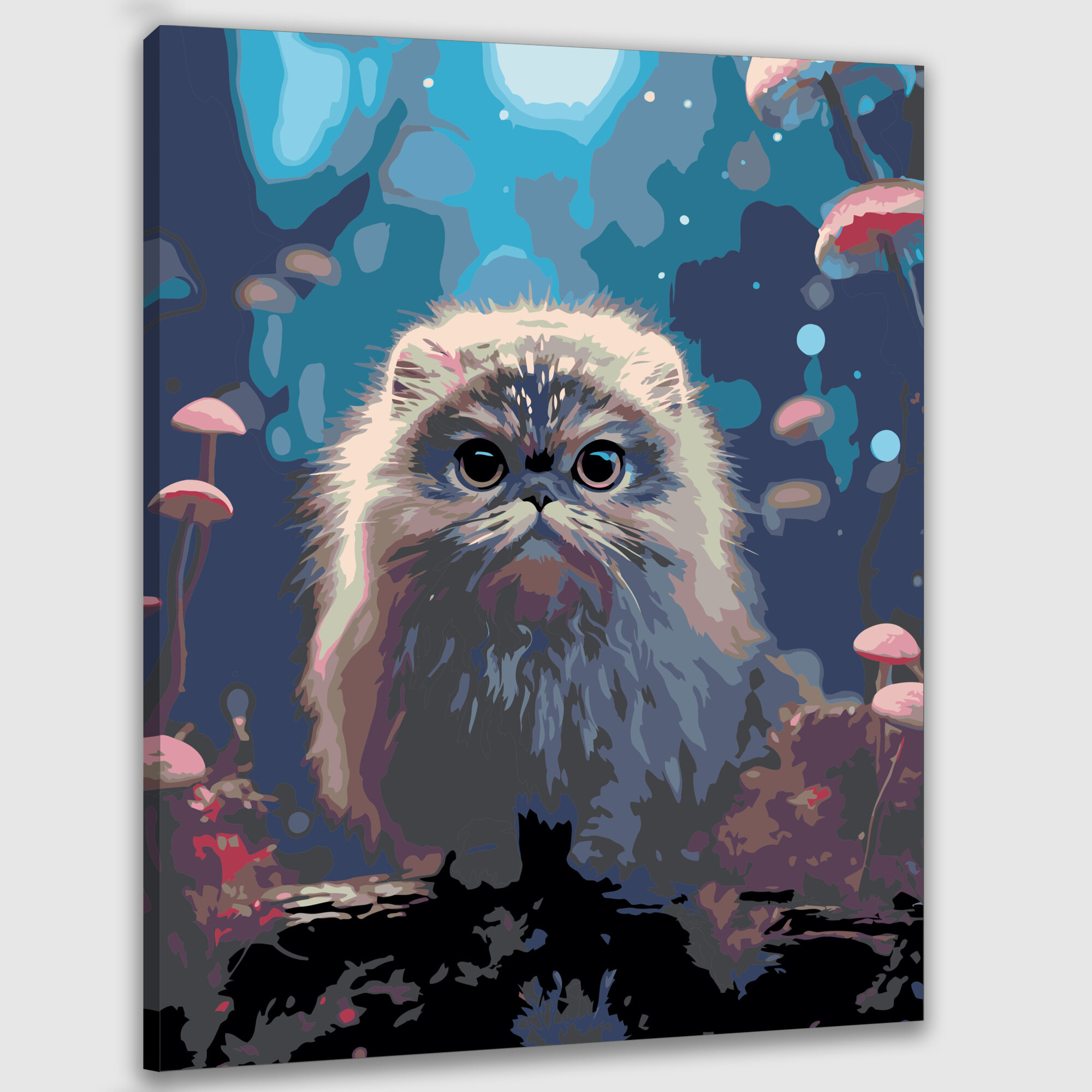 Картина по номерам 40x50 см, манул, волшебная обстановка, тайга, светящиеся грибы, отражение, мягкий свет, снежинки