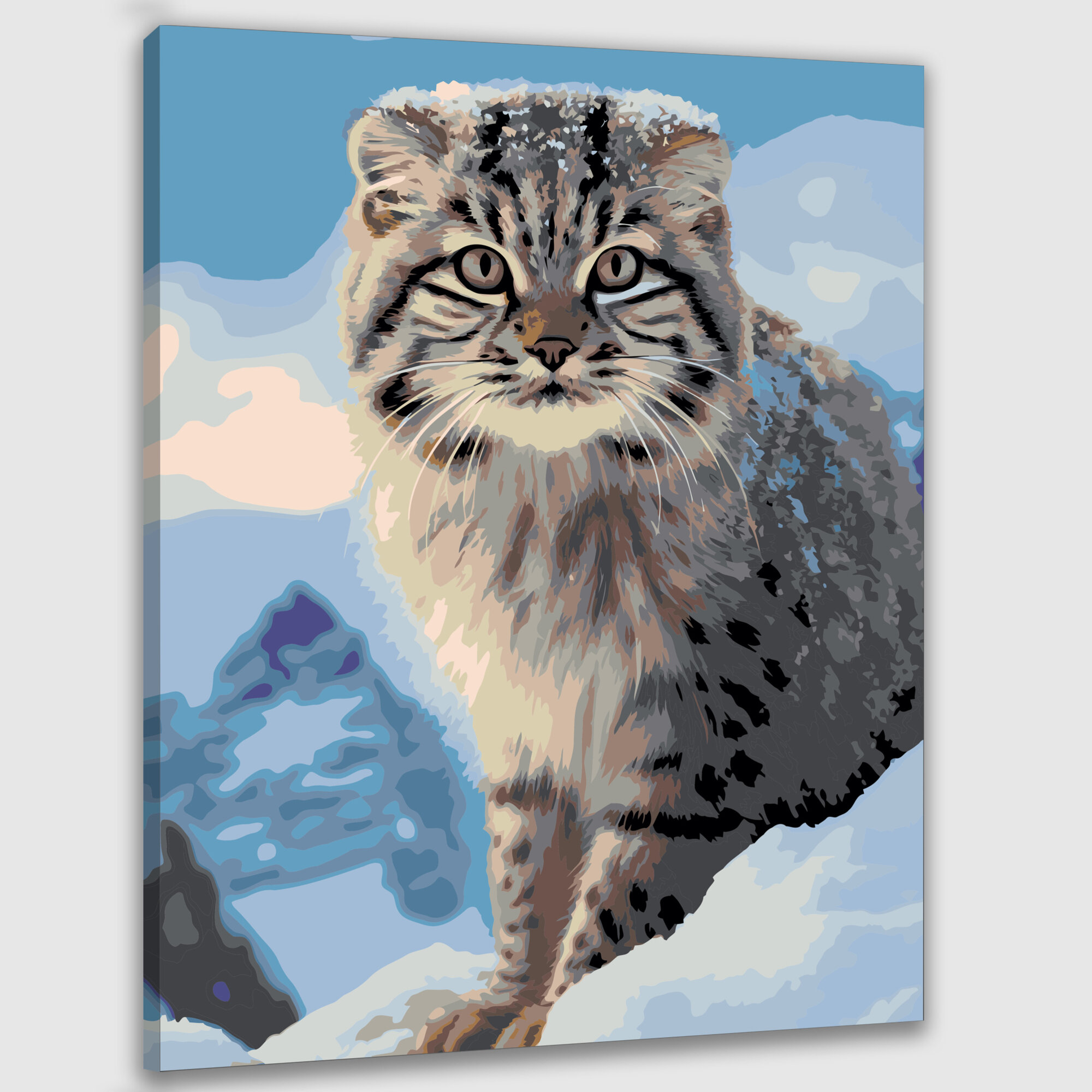 Картина по номерам 40x50 см, манул, заснеженная среда, телеобъектив, разрешение, мех, черты лица, скала, шерсть