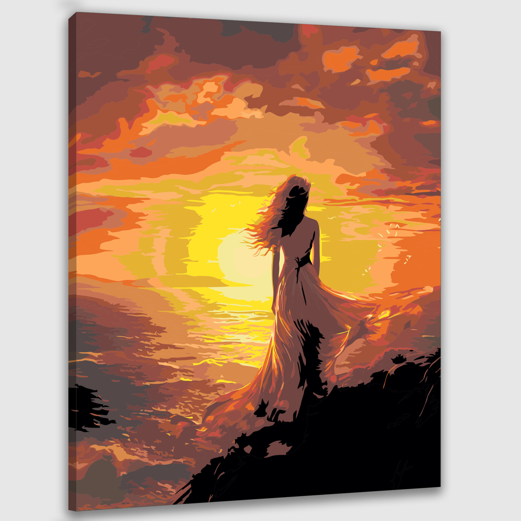 Картина по номерам 40x50 см, фотография, девушка, обрыв, волосы, ветер, закат, океан, небо, золотистые тона, лицо
