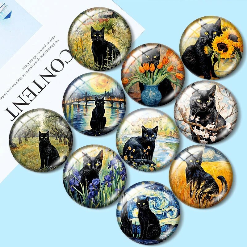Круглые стеклянные кабошоны "Вдохновленные Ван Гогом" черные коты Черный, 25mm, 10pcs-BG7155-mixed