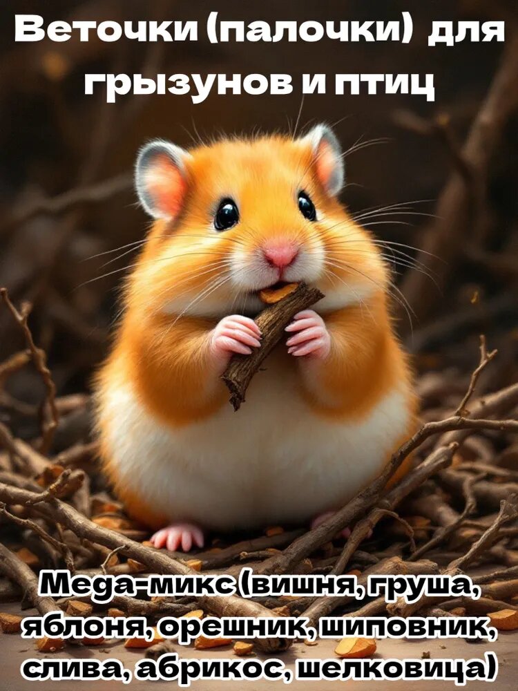 Веточки (палочки) Mega-микс (вишня, груша, яблоня, орешник, шиповник, слива, абрикос, шелковица) для грызунов и птиц