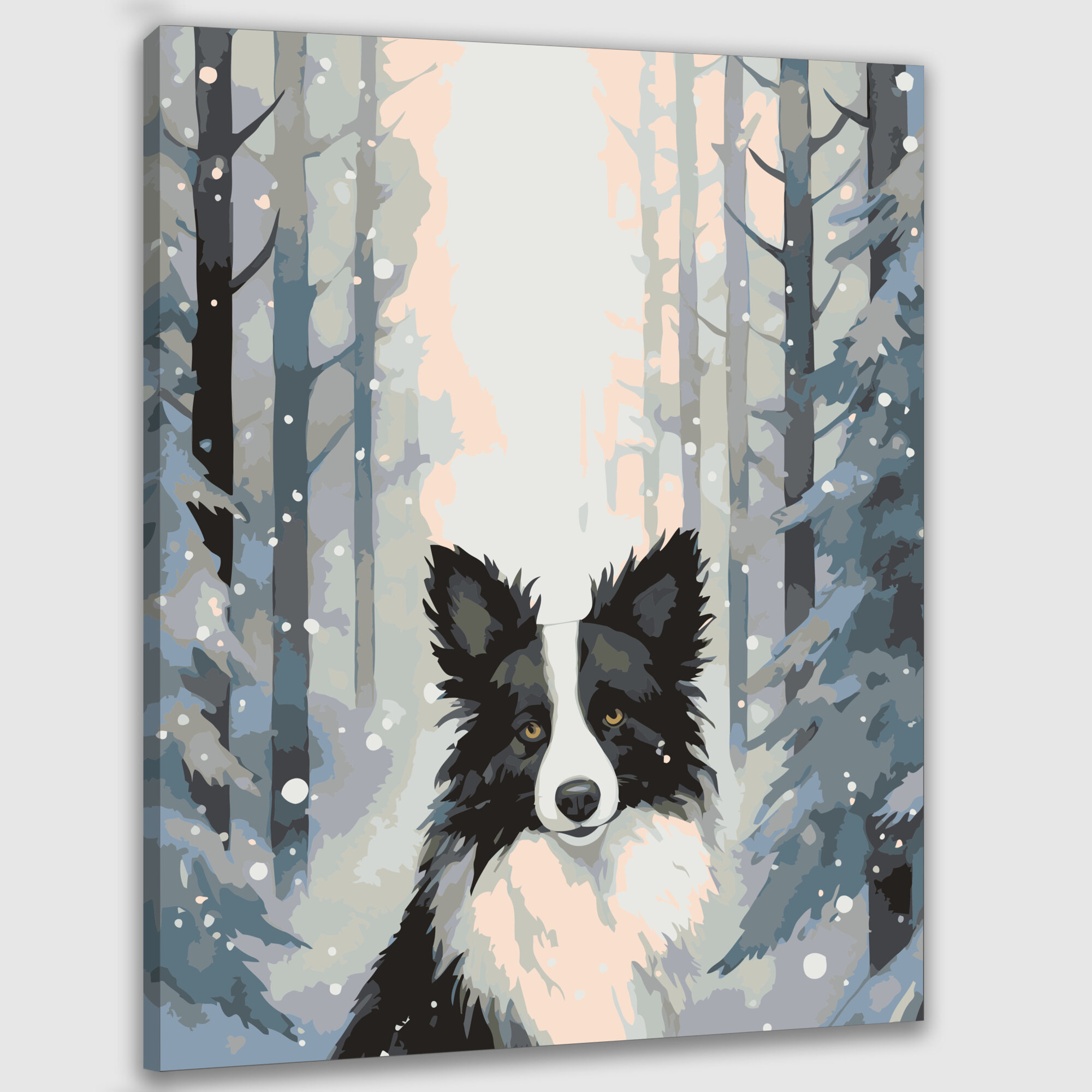 Картина по номерам 40x50 см, акварельная иллюстрация, бордер-колли, зимний лес, пушистая шерстка, снежинки