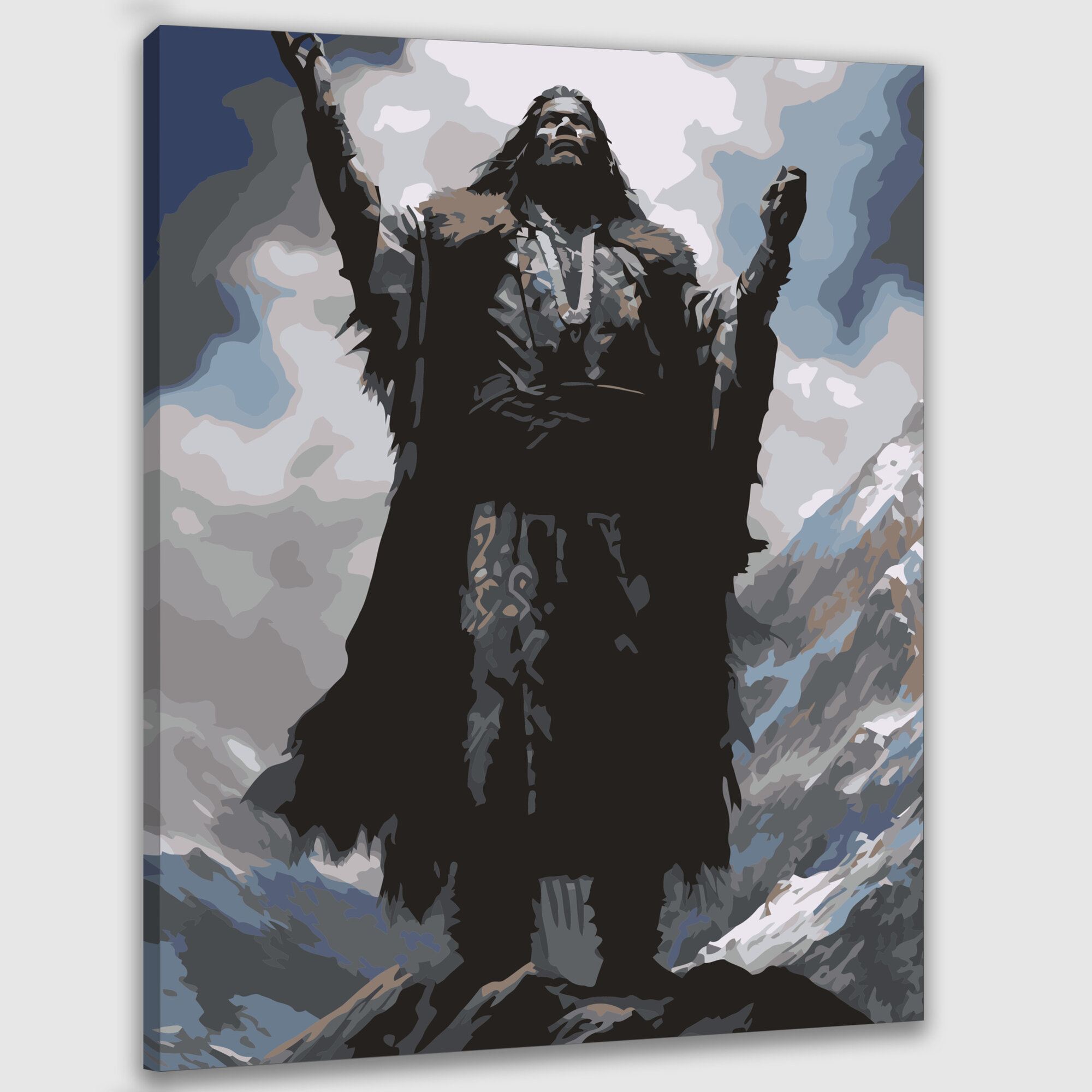 Картина по номерам 40x50 см, шаман, сила, горная вершина, руки к небу, призывание сил природы, освещение, тени