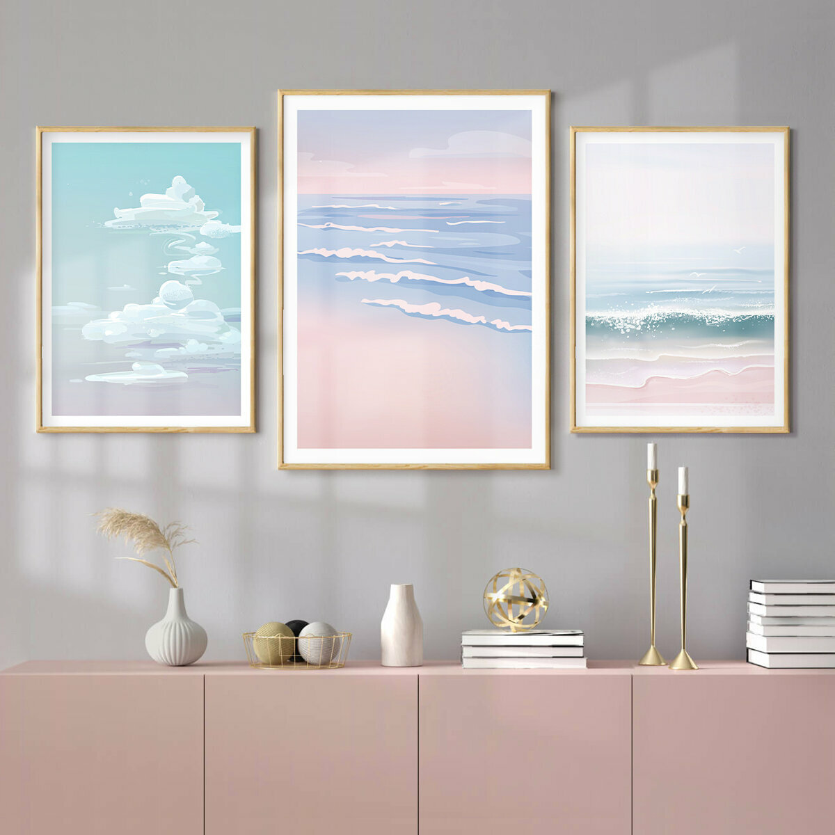 Постер 3 шт без рамки "Море рисунок" набор картин для интерьера