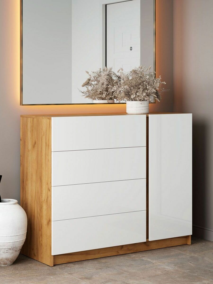Комод для одежды и хранения вещей Бостон с ящиками, с полками, 120х47.7х99.5 см, Дуб Крафт золотой / Белый глянец