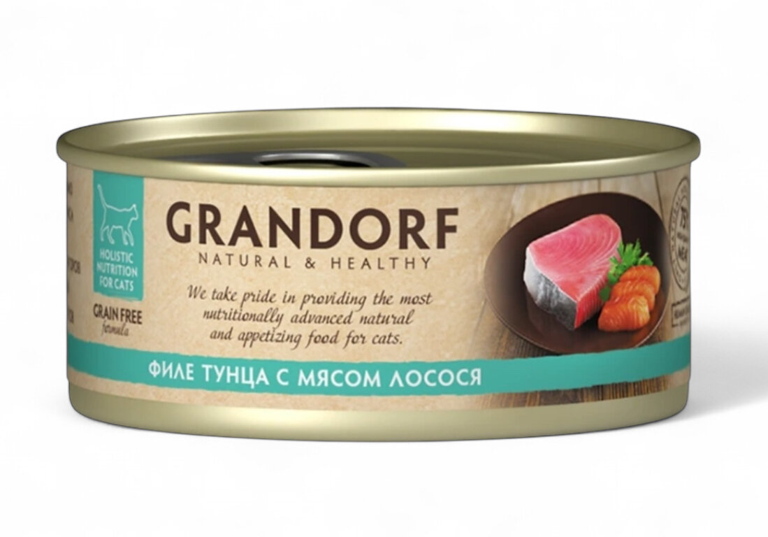 Корм для кошек влажный Grandorf / Грандорф для взрослых животных, кусочки тунца с лососем в собственном соку 70 грамм / консервы