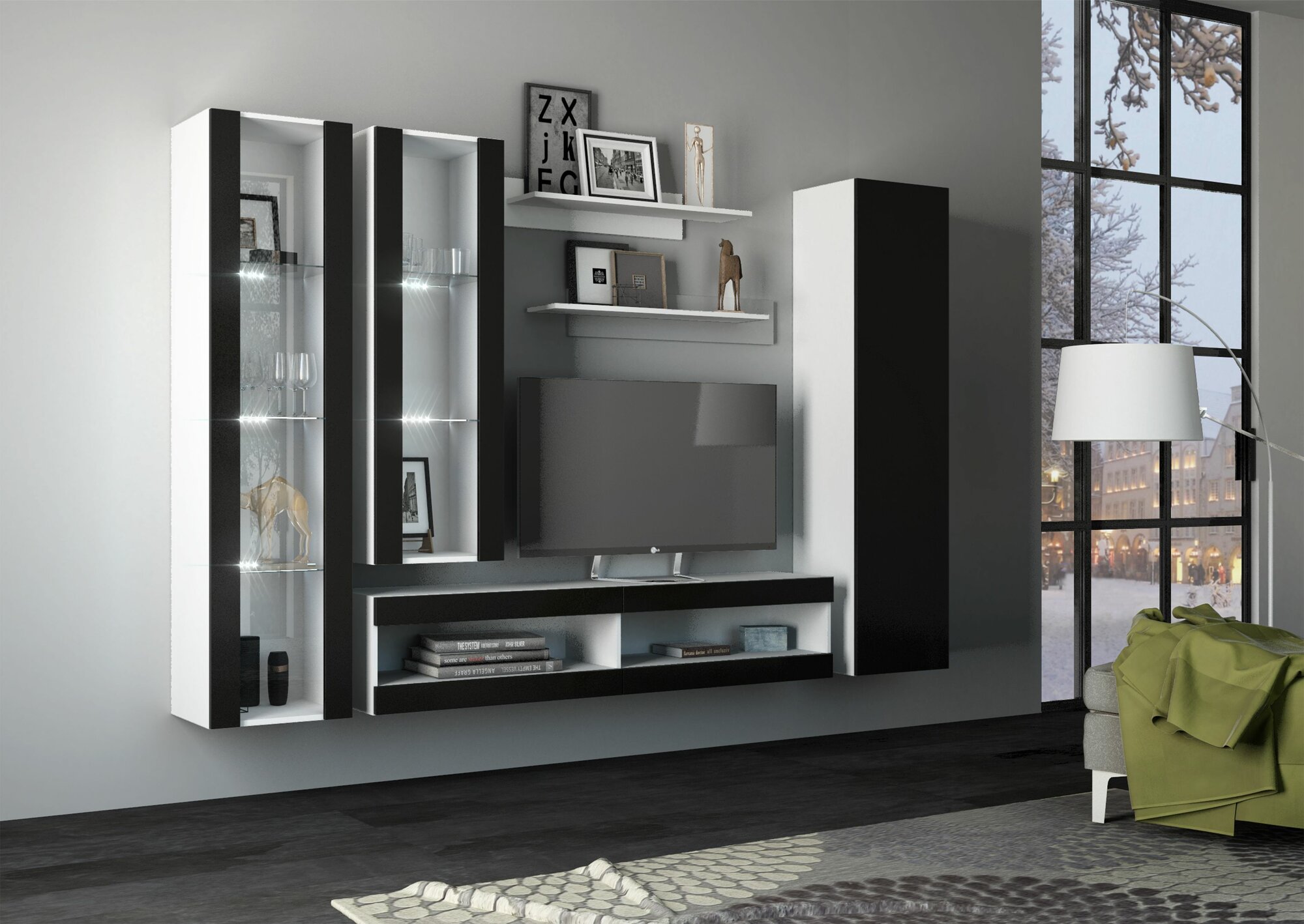 Гостиная Флорис Вариант №1 (Пластер блэк/Белый) (Миф)