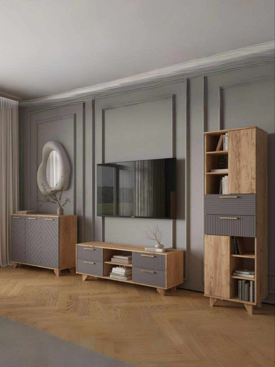 Гостиная комплект Ньерд Трио, стеллаж, комод, тумба под телевизор, 325.2х41х186 см, Дуб Вотан / Черника