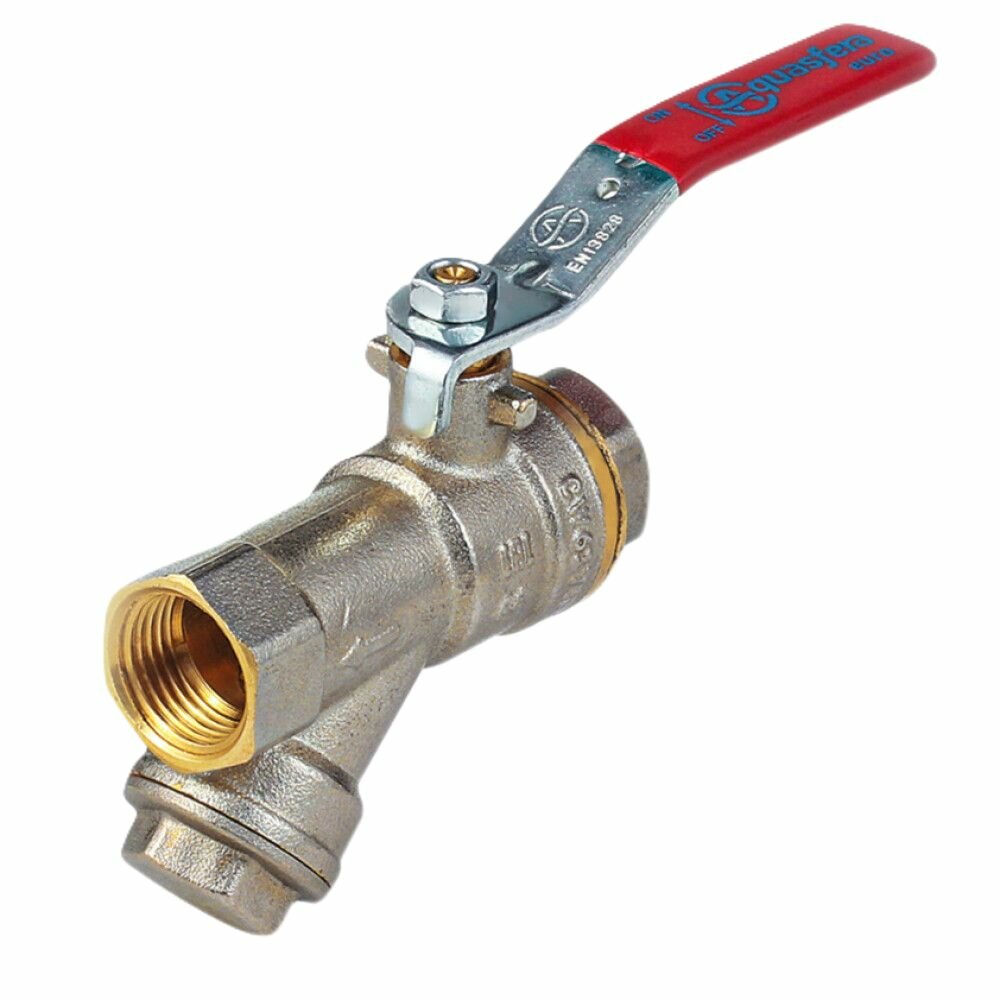 Кран-фильтр шаровой латунь никель 1014 Euro Ду 25 Ру25 ВР полнопроходной рычаг красный Aquasfera 1014-03