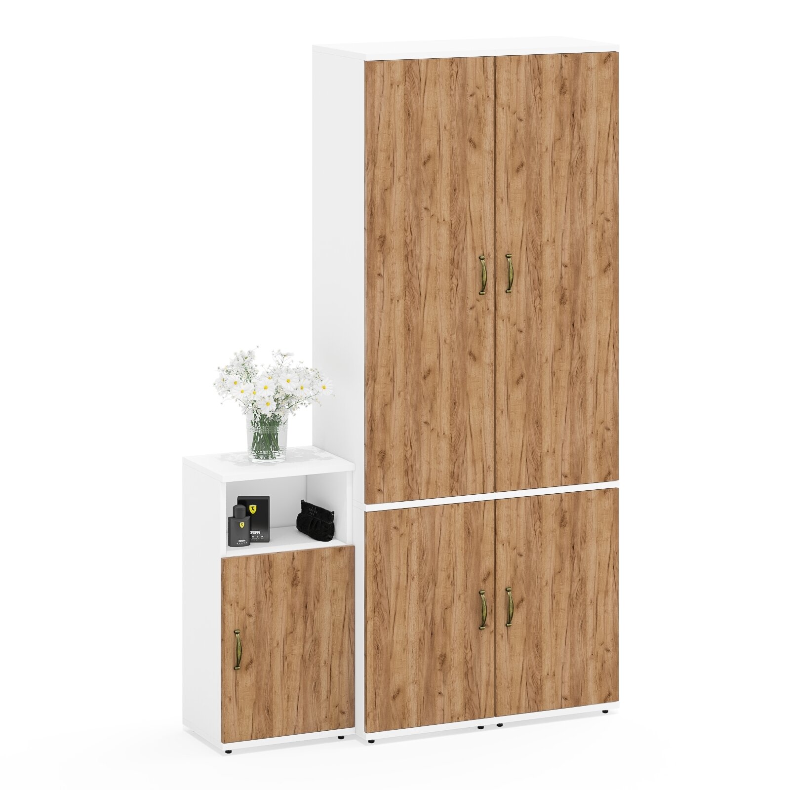 Тумба с дверкой и полкой внутри и два пенала 5 полок каждый Лидер-8, белый/крафт золото, 120х37,5х190