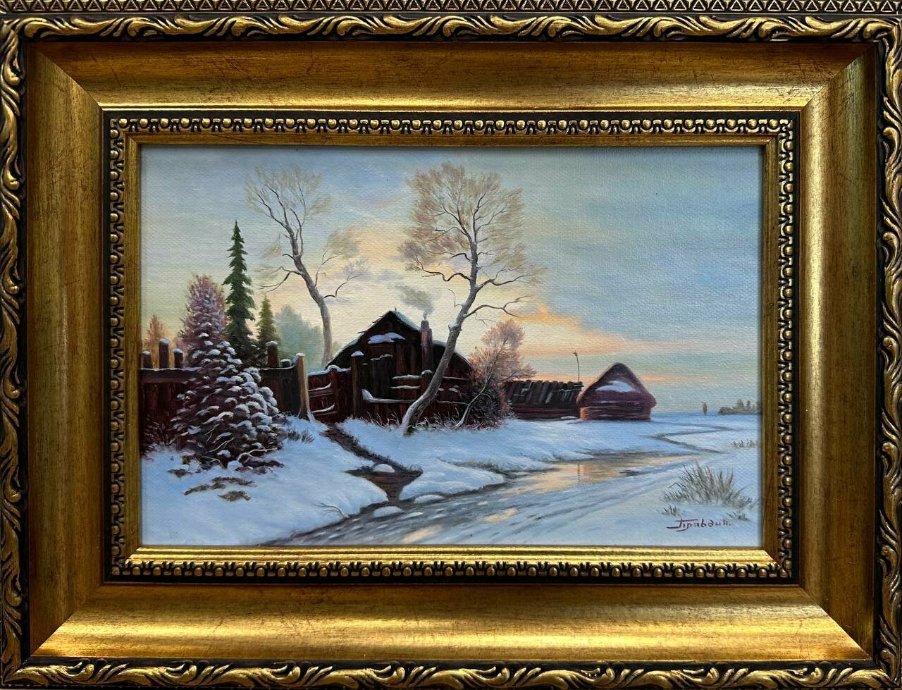 Картина маслом на холсте, деревянный домик, зимний пейзаж "Вечер"
