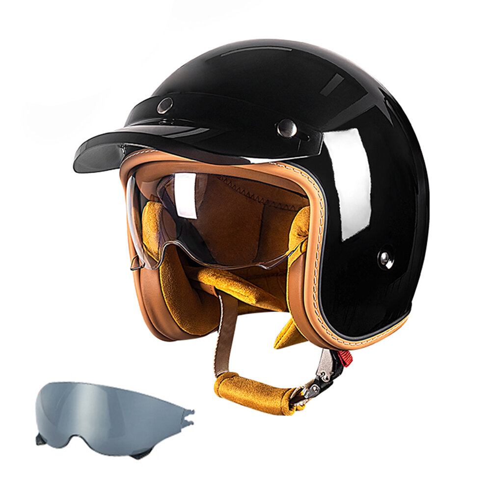 Мотоциклетный полушалема открытое лицо для взрослых ретроABS ярко черный размеры M L XL 2XL головной обхват M 55-57cm L 58-59cm XL 60-61cm 2XL 61-62cm с отъемным подкладкой козырь и черной черниловой линзой упаковка 31*27*25cm вес 1570g