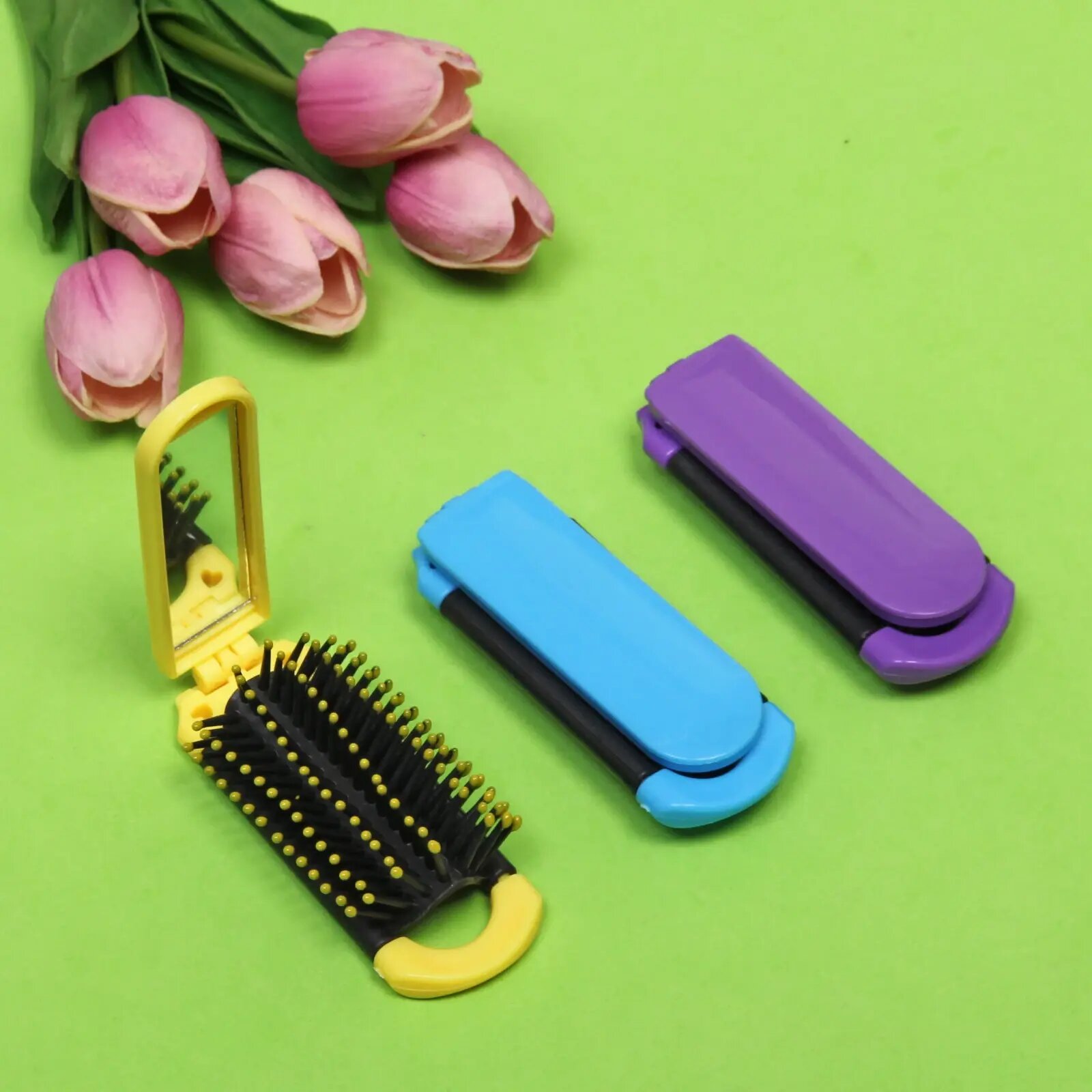Складная массажная расческа с зеркалом, 1 штука -разноцветная, компактная и удобная