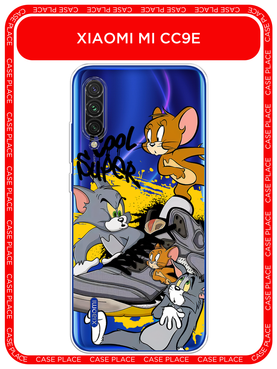 Чехол на Xiaomi Mi CC9E/Mi A3 / Сяоми Mi CC9E/Mi A3 с принтом Том, Джерри и кроссовок, прозрачный