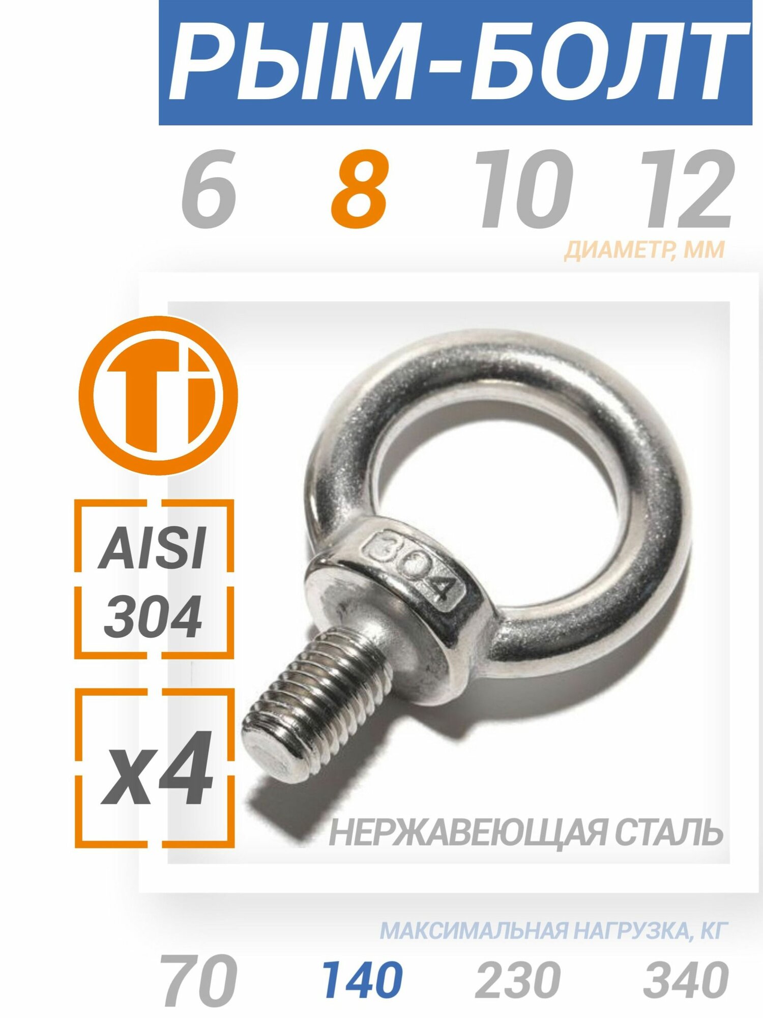 Рым-болты , нержавеющая сталь А4, диаметр 8 мм, комплект 4 шт.