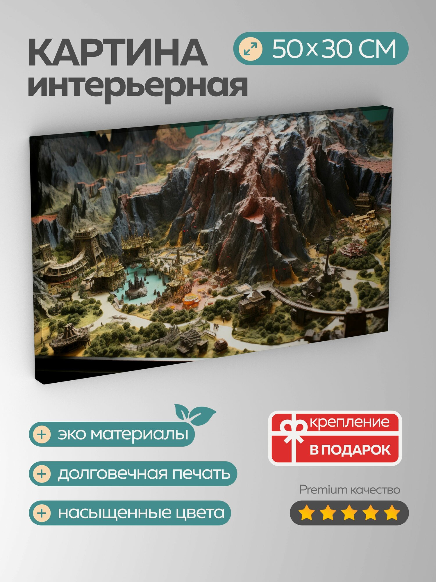 Картина на холсте интерьерная 50х30 см, диорама, ландшафт, горы, подземелья, долины, миниатюры, герои, монстры, заказ