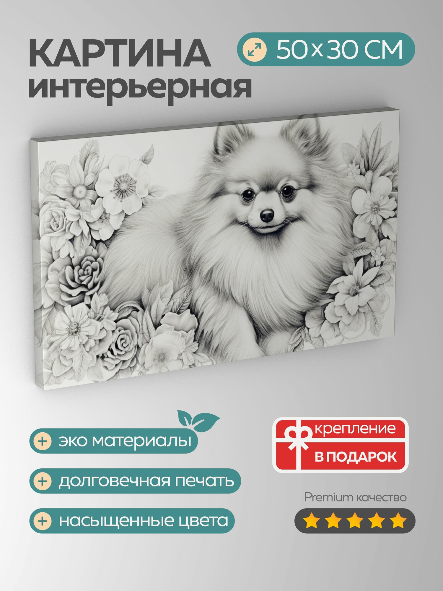 Картина на холсте интерьерная 50х30 см, карандашный набросок, шпиц, мех, заштриховка, узоры, текстуры, пряди