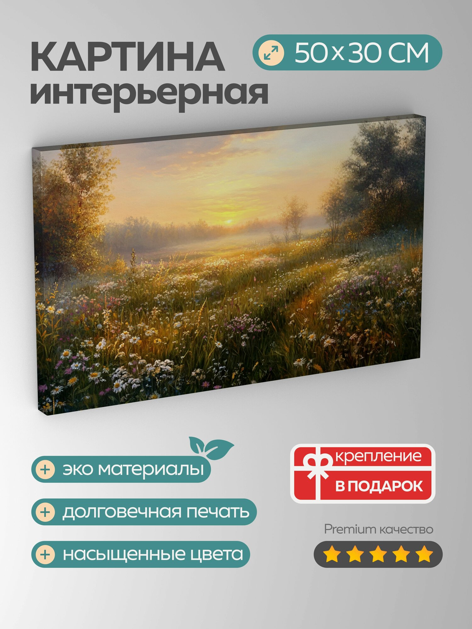 Картина на холсте интерьерная 50х30 см, рассвет, луг, солнце, трава, цветы, роса, сияние, текстуры, природа, красота