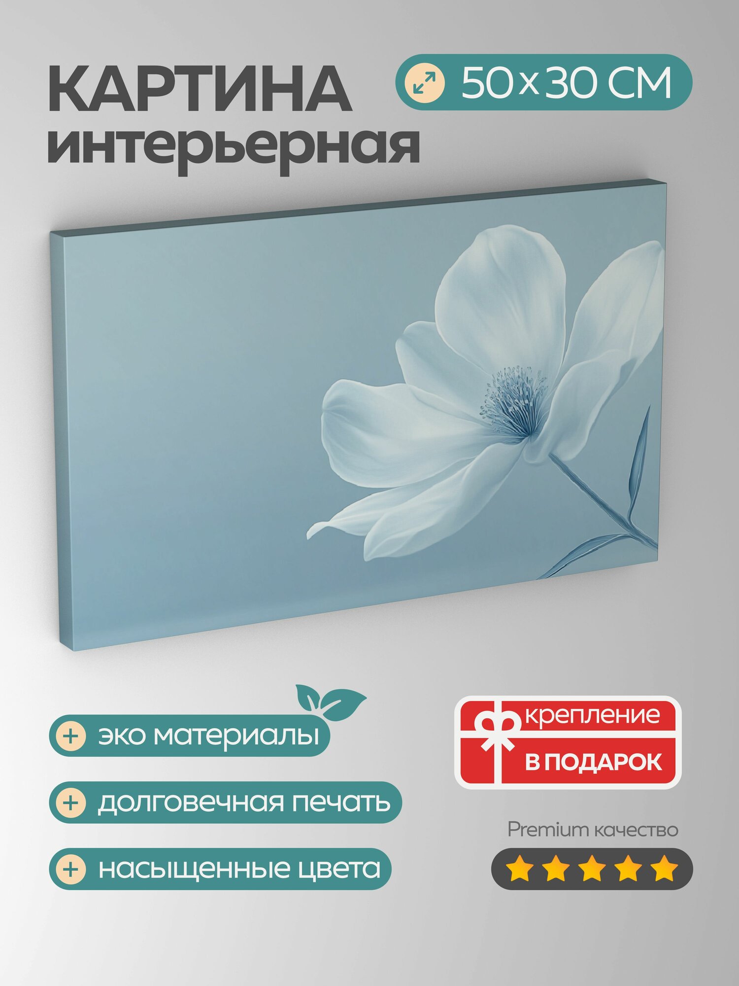 Картина на холсте интерьерная 50х30 см, нежный цветок, элегантная композиция, минимализм, простой фон, красота простоты