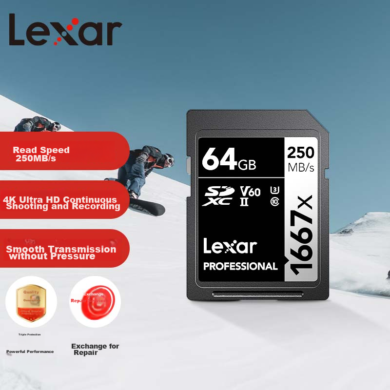 Lexar 64GB SD Memory Card, U3 V60 4K Digital Camera Memory Card, Read 250MB/s, Write 120MB/s, Dual-Row Gold Finger (1667x Pro)