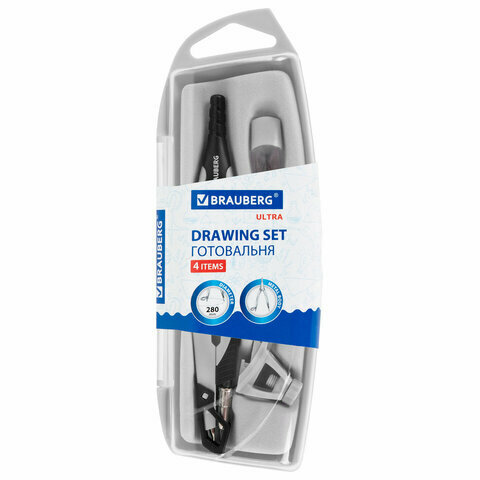 Готовальня BRAUBERG ULTRA, 4 предмета: циркуль 135 мм, запасные грифели, насадка, графитовый цвет, 210821