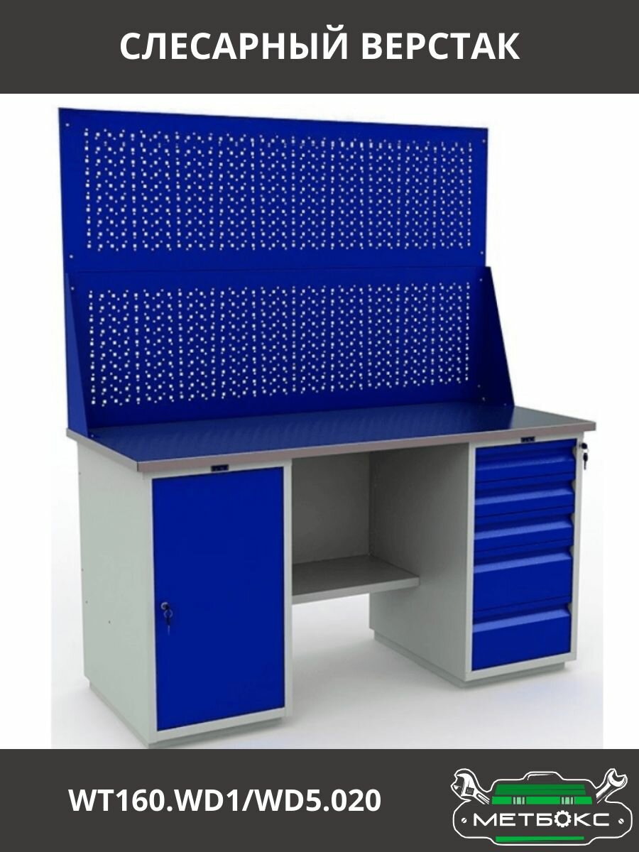 Верстак двухтумбовый слесарный Практик Profi W WT160. WD1/WD5.020 (с двумя перфорированными экранами, 1600 мм, для СТО, производства, дачи, универсальный)