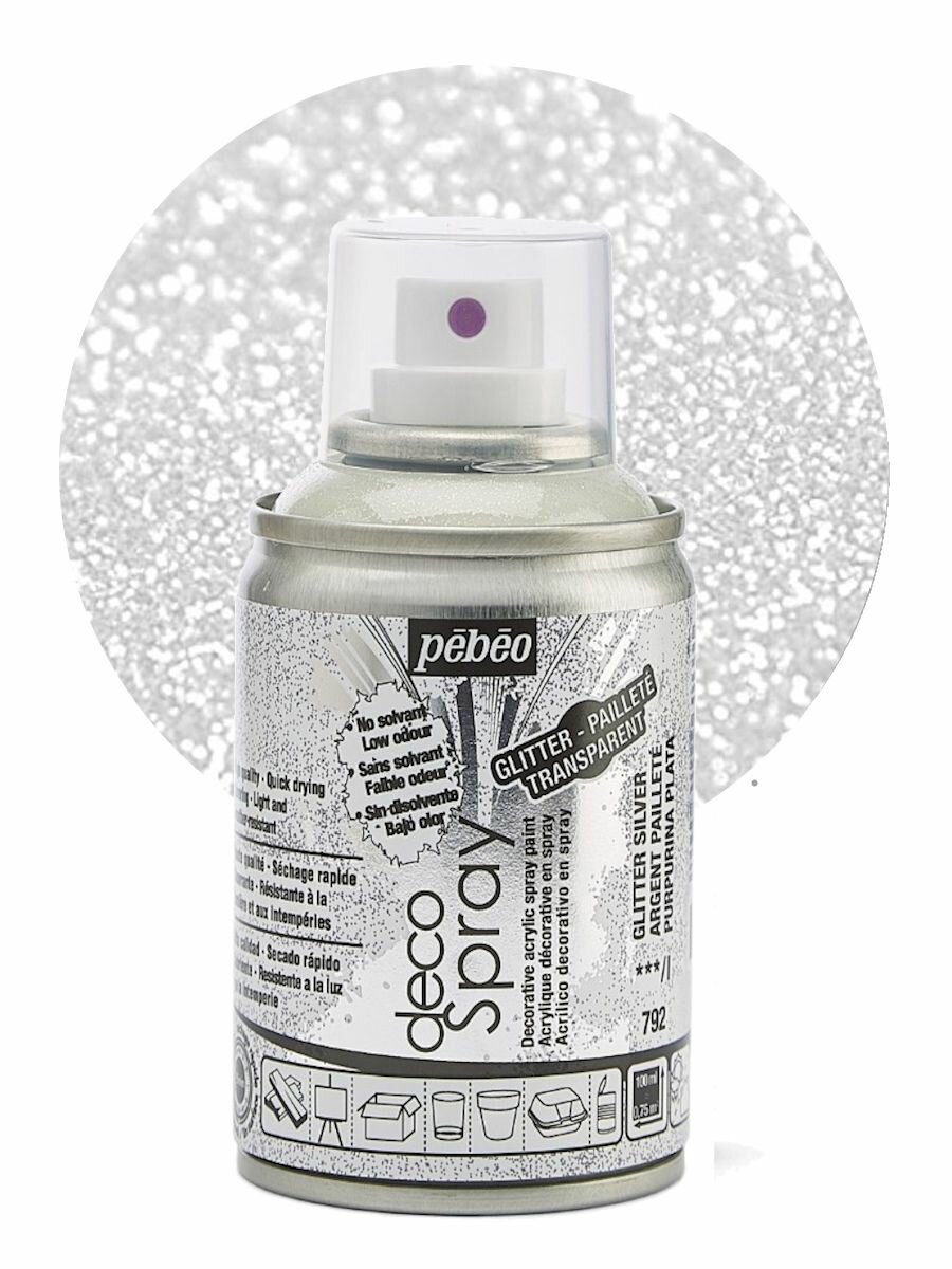 Акриловая краска на водной основе Pebeo decoSpray (аэрозоль) 100 мл, прозрачный с серебристыми блестками
