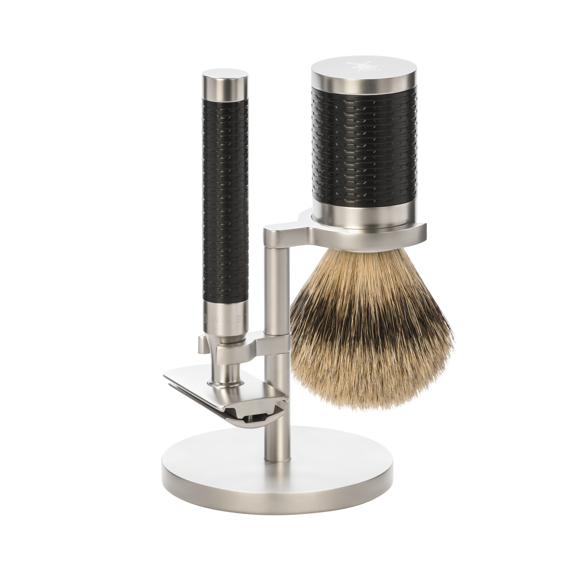 Бритвенный набор MUEHLE ROCCA (бритва, помазок, подставка), барсучий ворс высшей категории, сталь, черный акцент