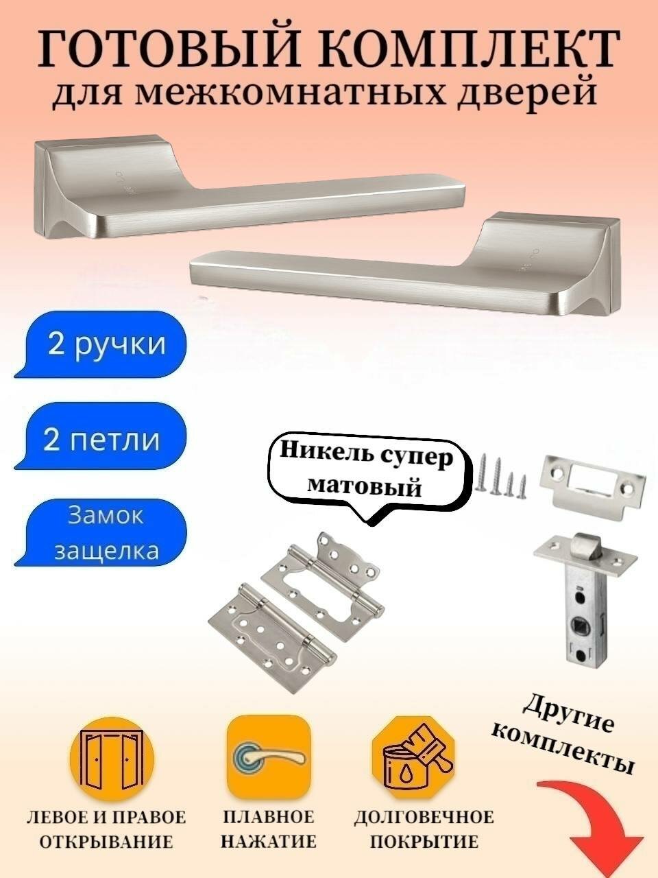 Ручка дверная межкомнатная PUERTO INAL_557-01_MSN_L6-45, никель супер матовый (ручка + замок защелка + 2 накладные петли)