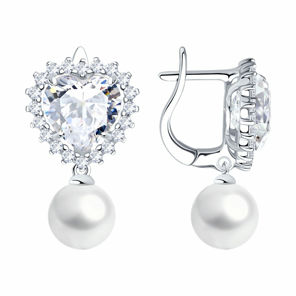 Серьги, серебро, 925 проба, жемчуг, фианит