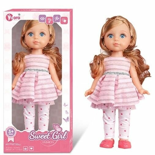 Кукла КНР 29 см, русая в розовом платье и белых лосинах, в коробке