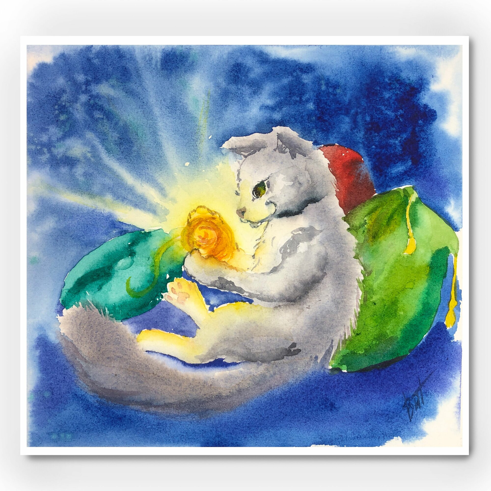 Картина Ирина Бутенко "Кот с клубком", акварель, 21x21 см, без рамы