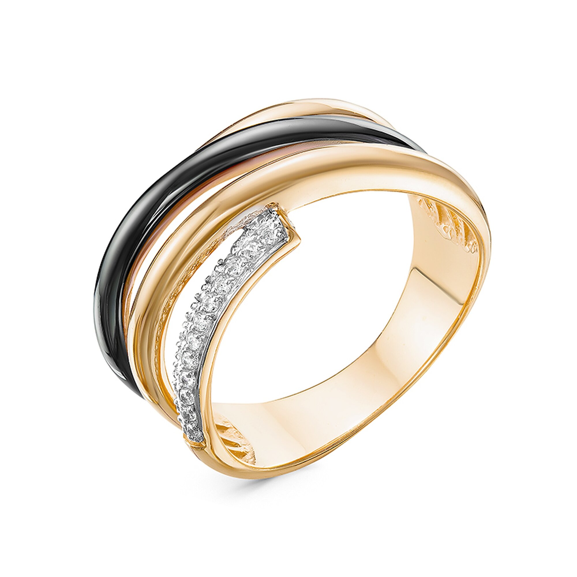 Кольцо широкое, дорожка, серебро, 925 проба, золочение, фианит