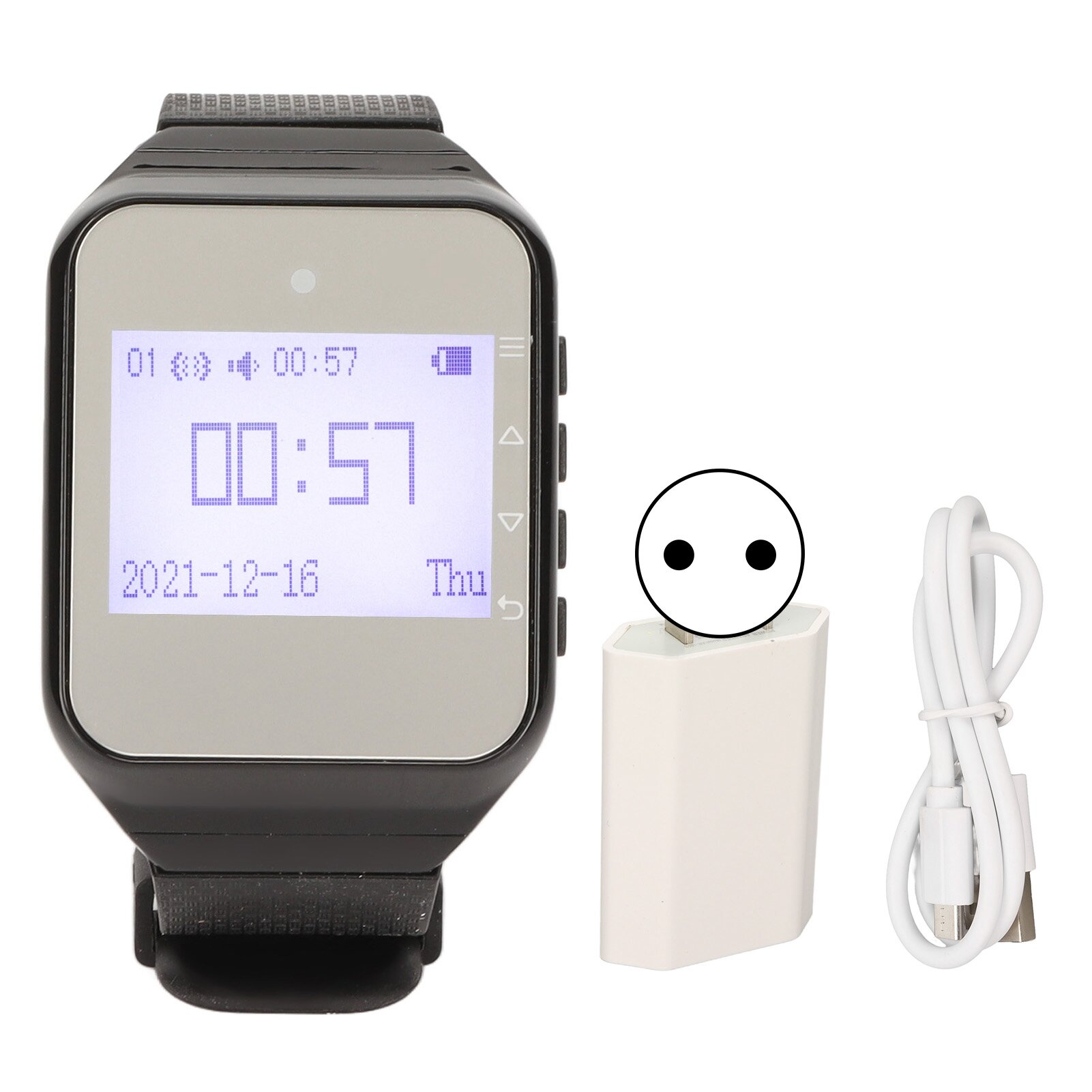 Часы-пейджерсЖК-дисплеем, календарем, будильникомивибрацией, беспроводнойсистемойвызовадляпредприятийобщественногопитанияизаводов, вилкастандартаЕС, черныйцвет.