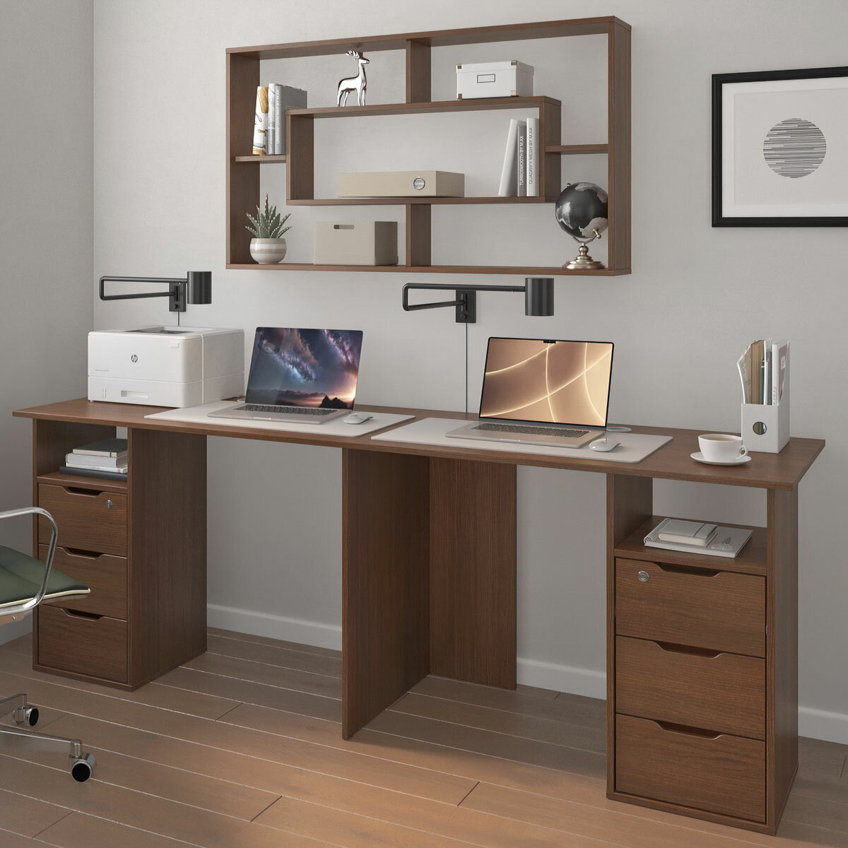 Письменный стол для двоих МагМебель Б-83.87 с настенной полкой (комплект) орех
