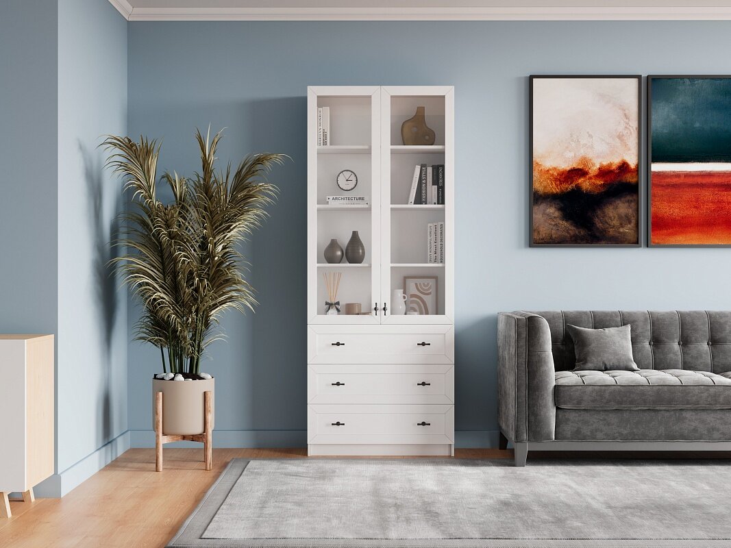 Шкаф книжный стеллаж Билли Хелена Billy по мотивам Икея Ikea - 39 Белый / Черный 60x30x220 двухдверный с 3 ящиками