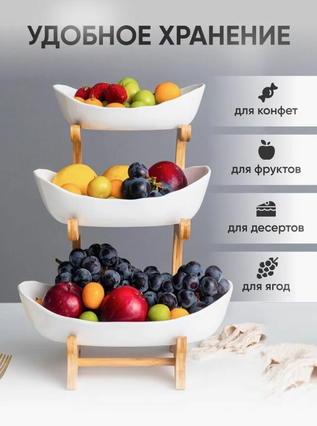 Фруктовница трехъярусная Solmax Home из бамбука и пищевого пластика, 30×15×10 см, для фруктов и десертов — фото 1