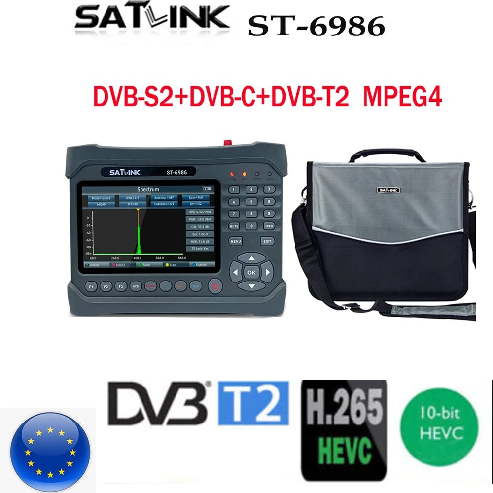 Измеритель поля Satlink 6986, поддержка DVB-S/S2/S2X/H.265, Full HD, черный