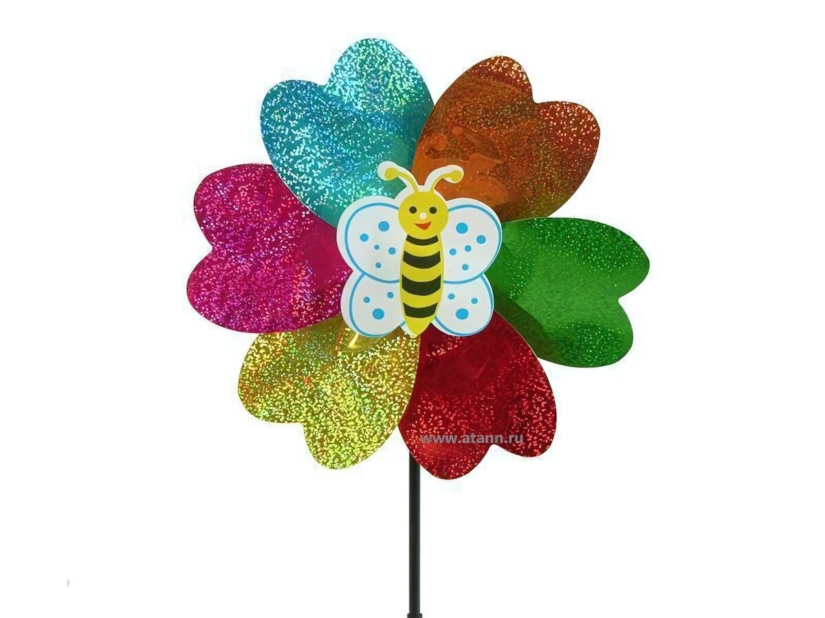 Штекер-ветряк для украшения сада с разноцветными сердцами и пчелкой, металлический, 20 см