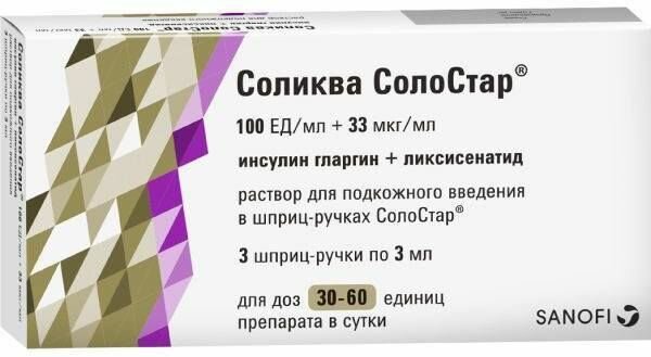 Соликва СолоСтар р-р п/к введ 100 еД/мл+33 мкг/мл (картридж в шприце-руч) 3мл х3