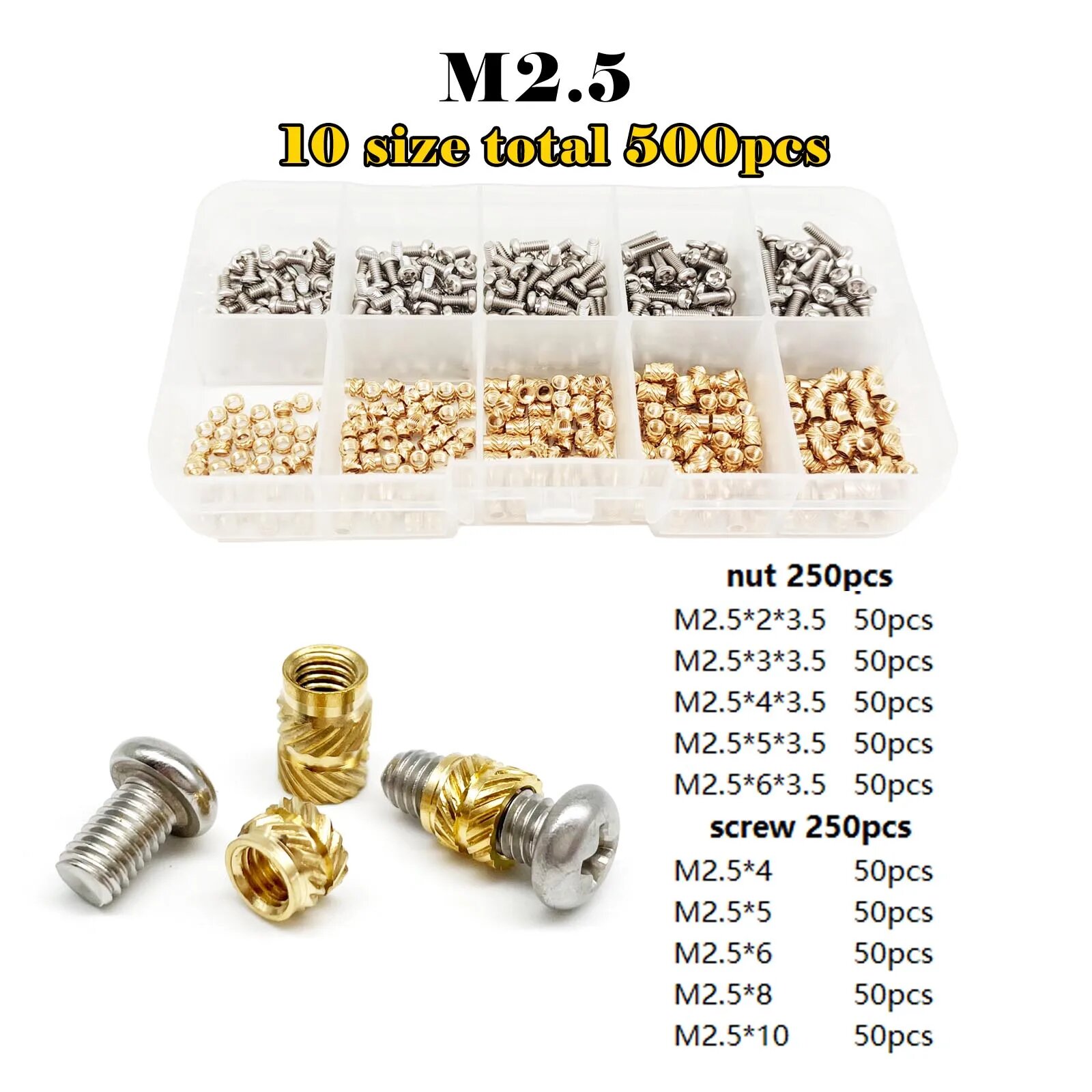 Набор медных вставных гаек Michastu M1.4-M6 для 3D печати M2.5 500pcs