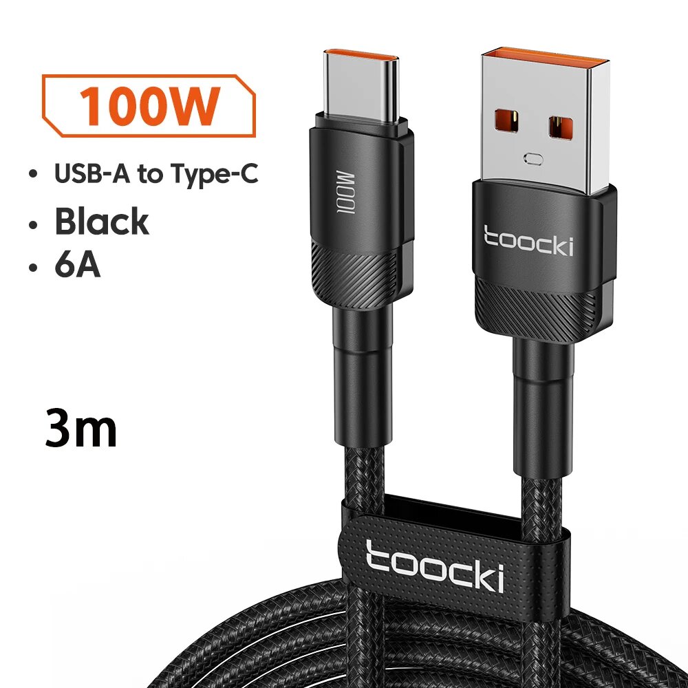 Toocki 6A USB-кабель типа C для Huawei Xiaomi PD 100 Вт, зарядное устройство для HY A-C 3m Black