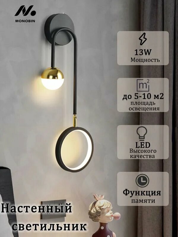 Светильник LED "Бра" настенный, 13Вт, IP65, черный, ABS-пластик/металл